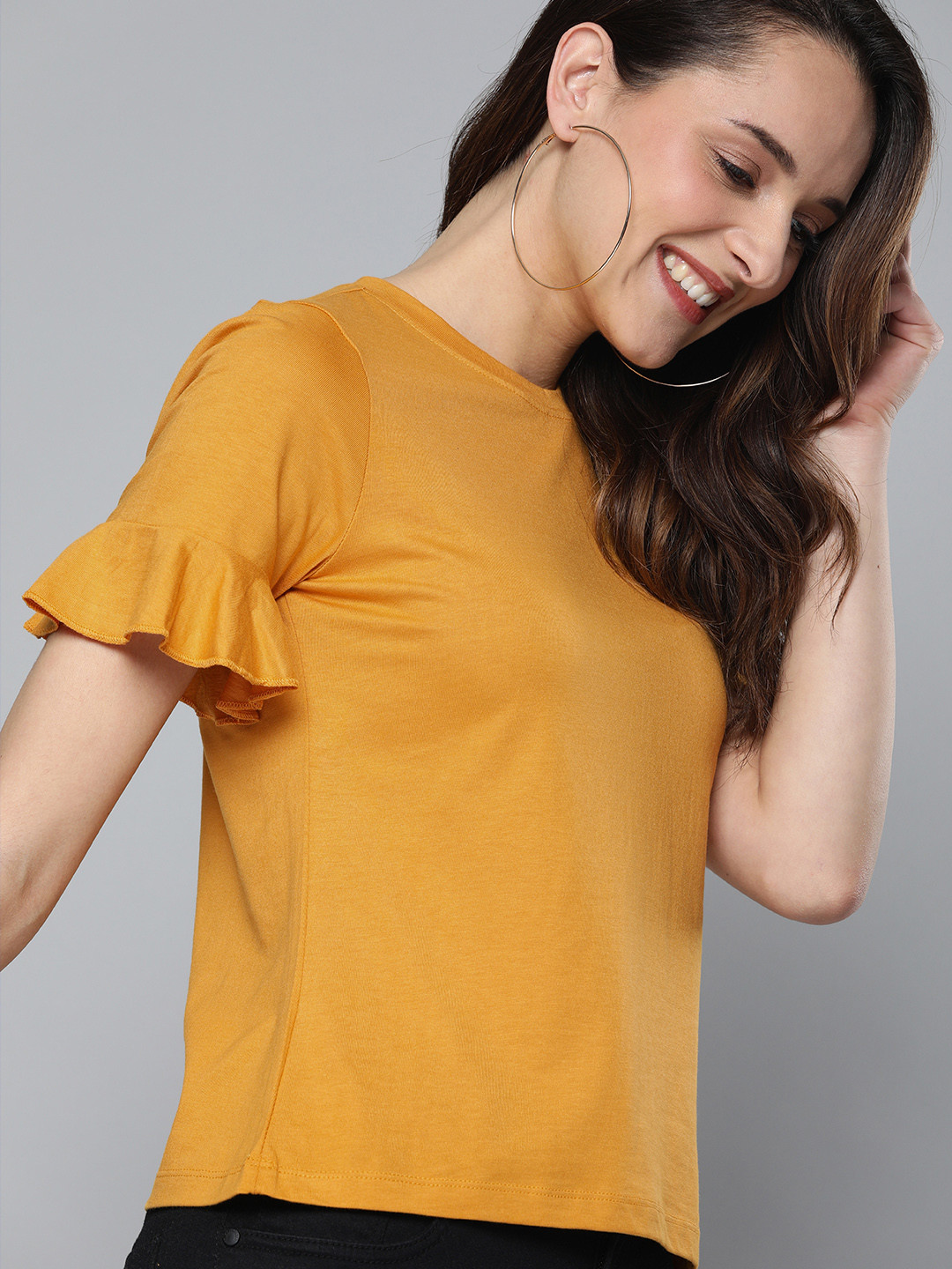 Buy Mast & Harbour Women Mustard Yellow Solid Pure Cotton Top - Tops ...