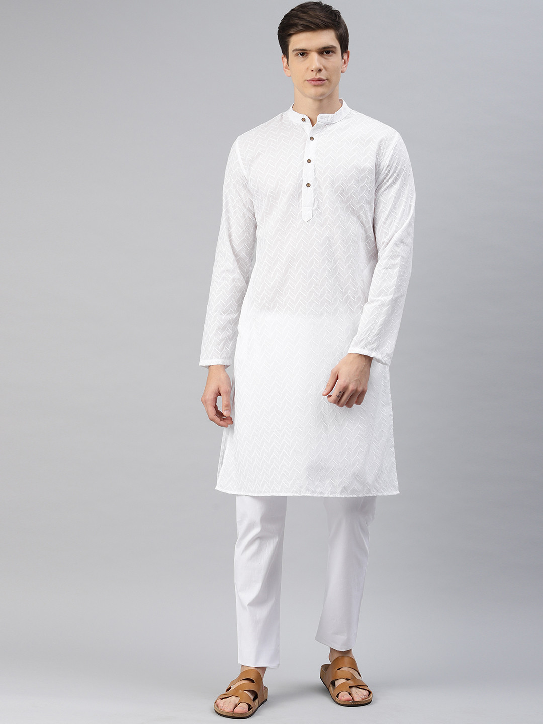 Buy Freehand Men White Embroidered Kurta With Pyjamas - Kurta Sets for ...