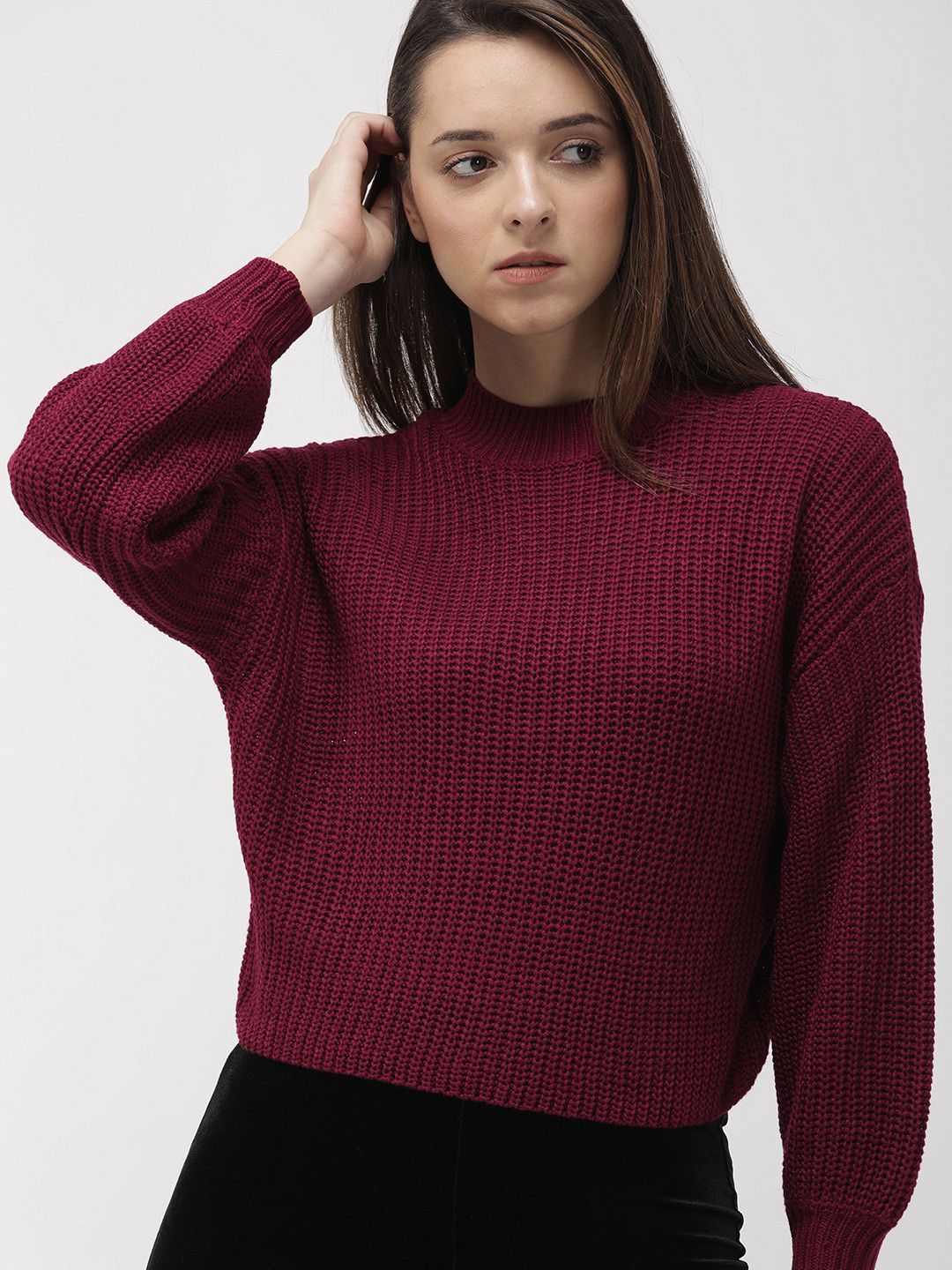 Buy FOREVER 21 Women Burgundy Self Design Pullover Sweater - Sweaters ...