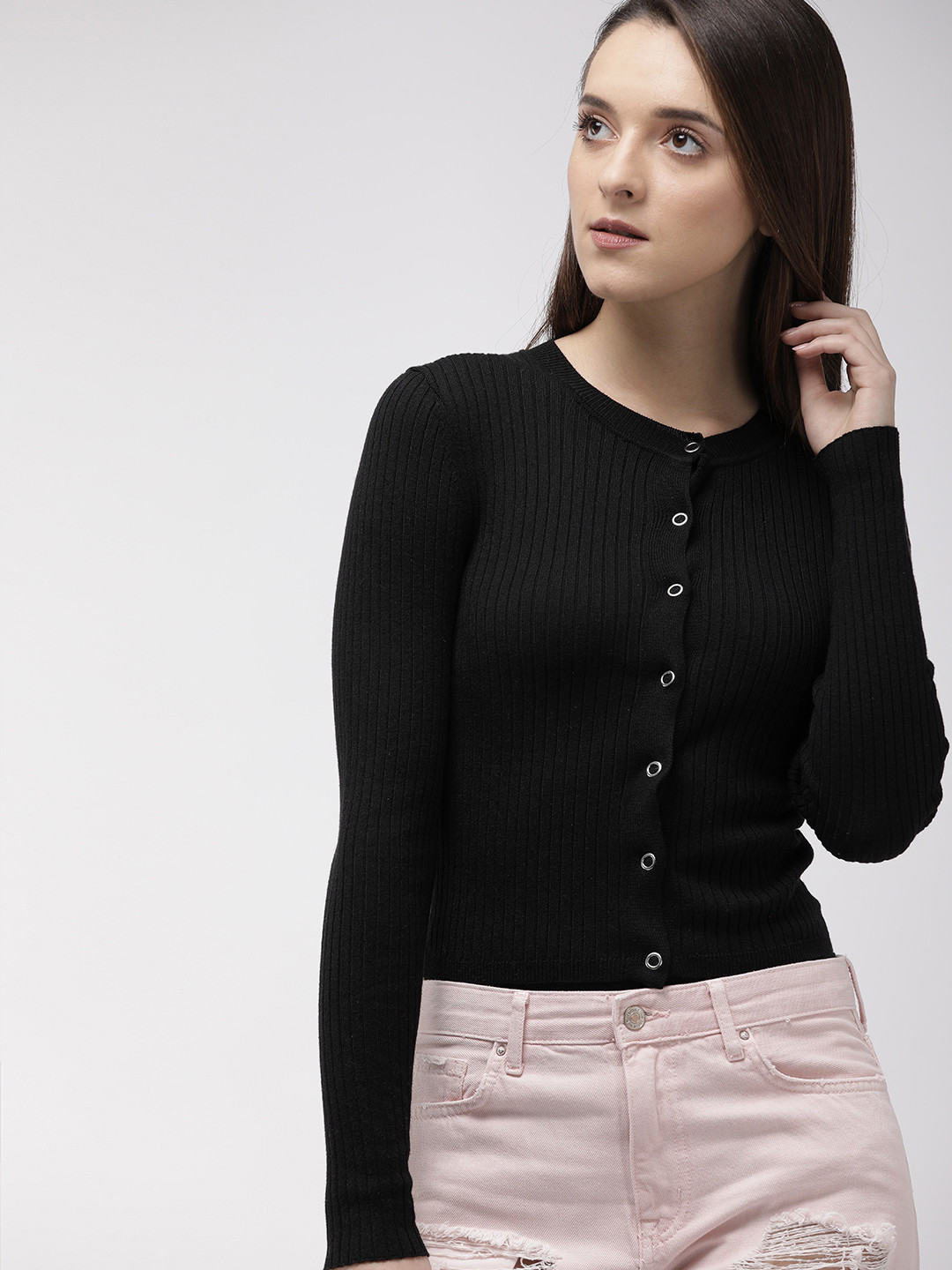 Buy FOREVER 21 Women Black Solid Cardigan Sweater With Ribbed Detailing ...
