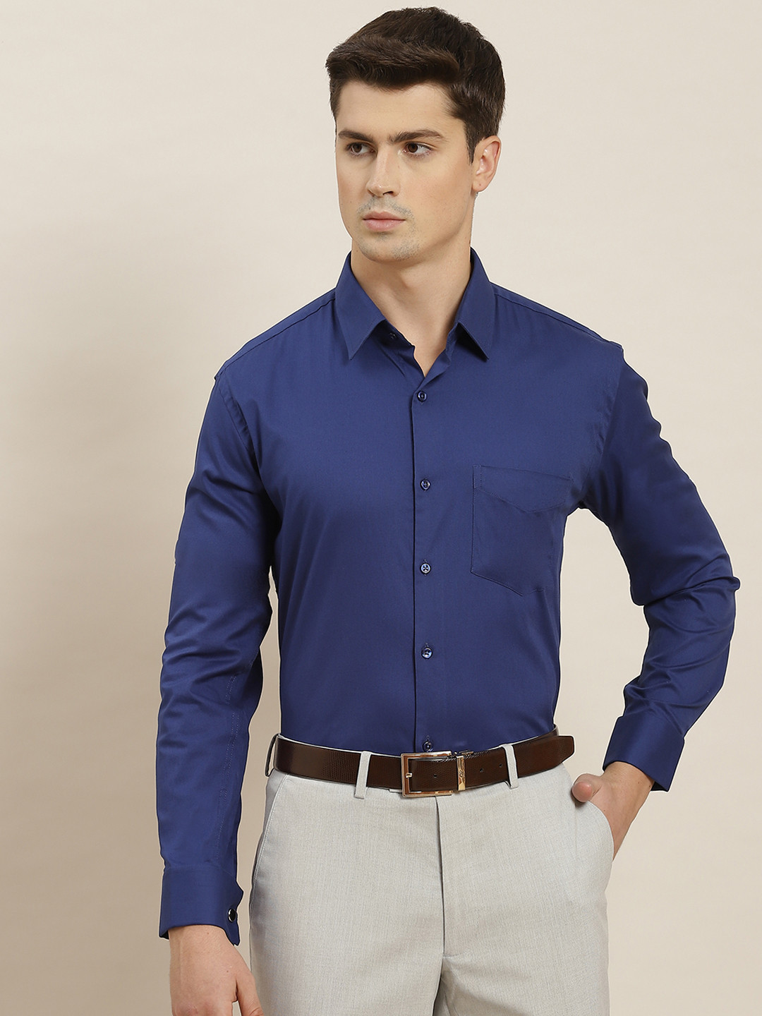 Buy Hancock Men Navy Blue Solid French Cuff Slim Fit Pure Cotton Formal ...