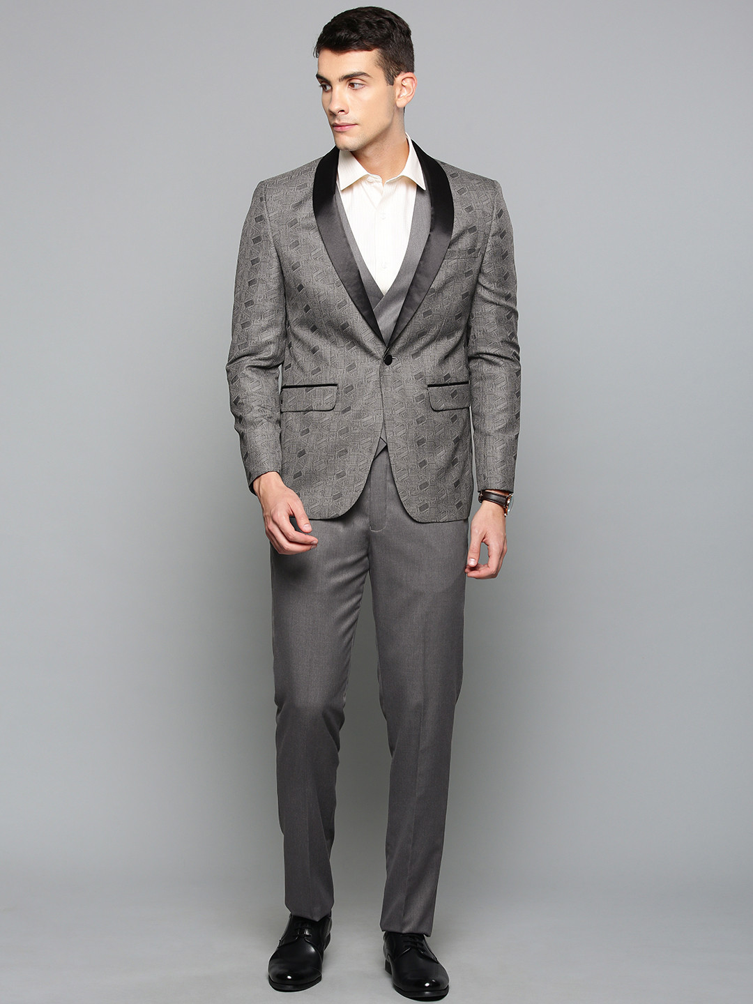 Buy Louis Philippe Men Grey Self Design Slim Fit Single Breasted Party ...