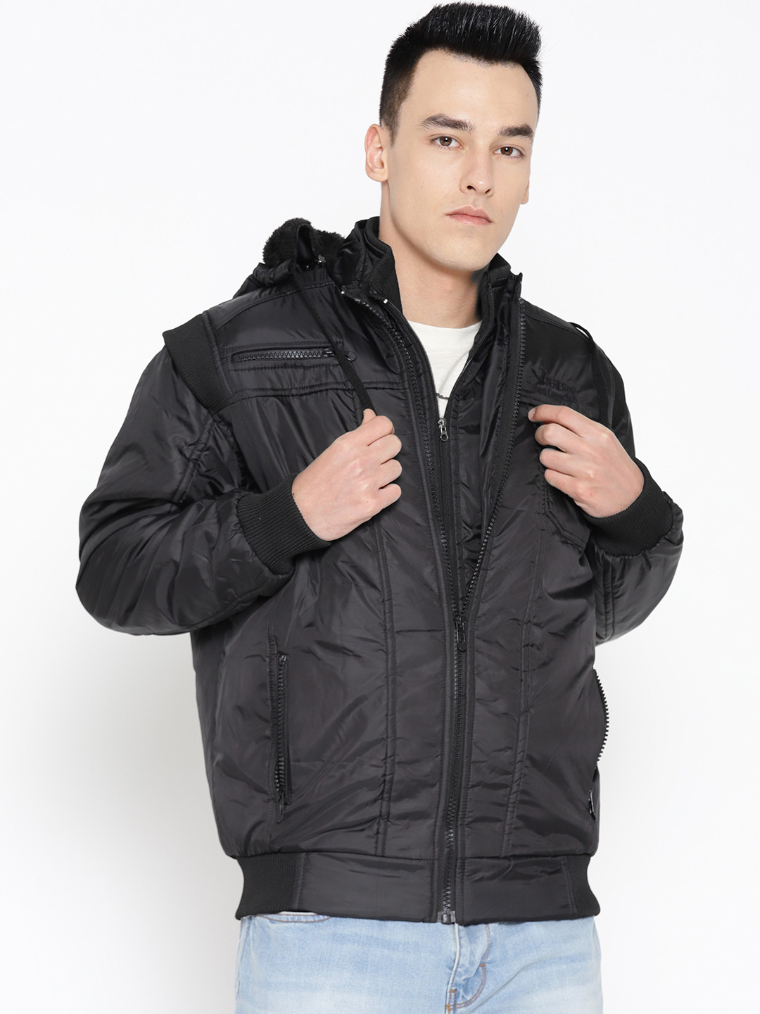 Buy Ico Blue Star Men Black Solid Bomber Jacket With Detachable Hood ...