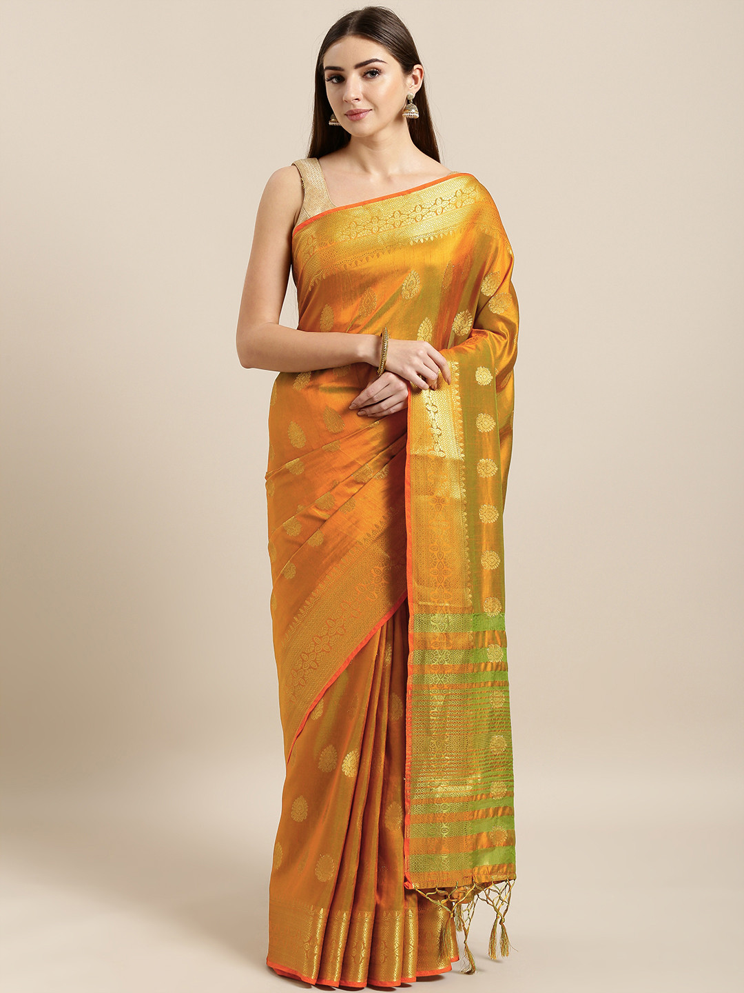 Buy Mitera Rust Orange & Green Silk Blend Dual Tone Woven Design ...