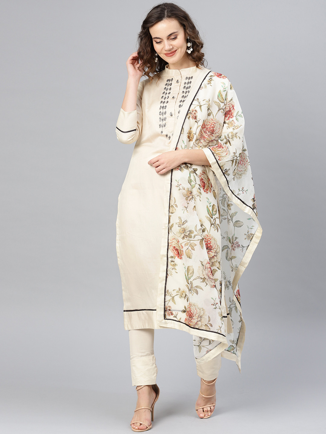 Buy Inddus Women Cream Coloured Yoke Design Kurta With Trousers ...