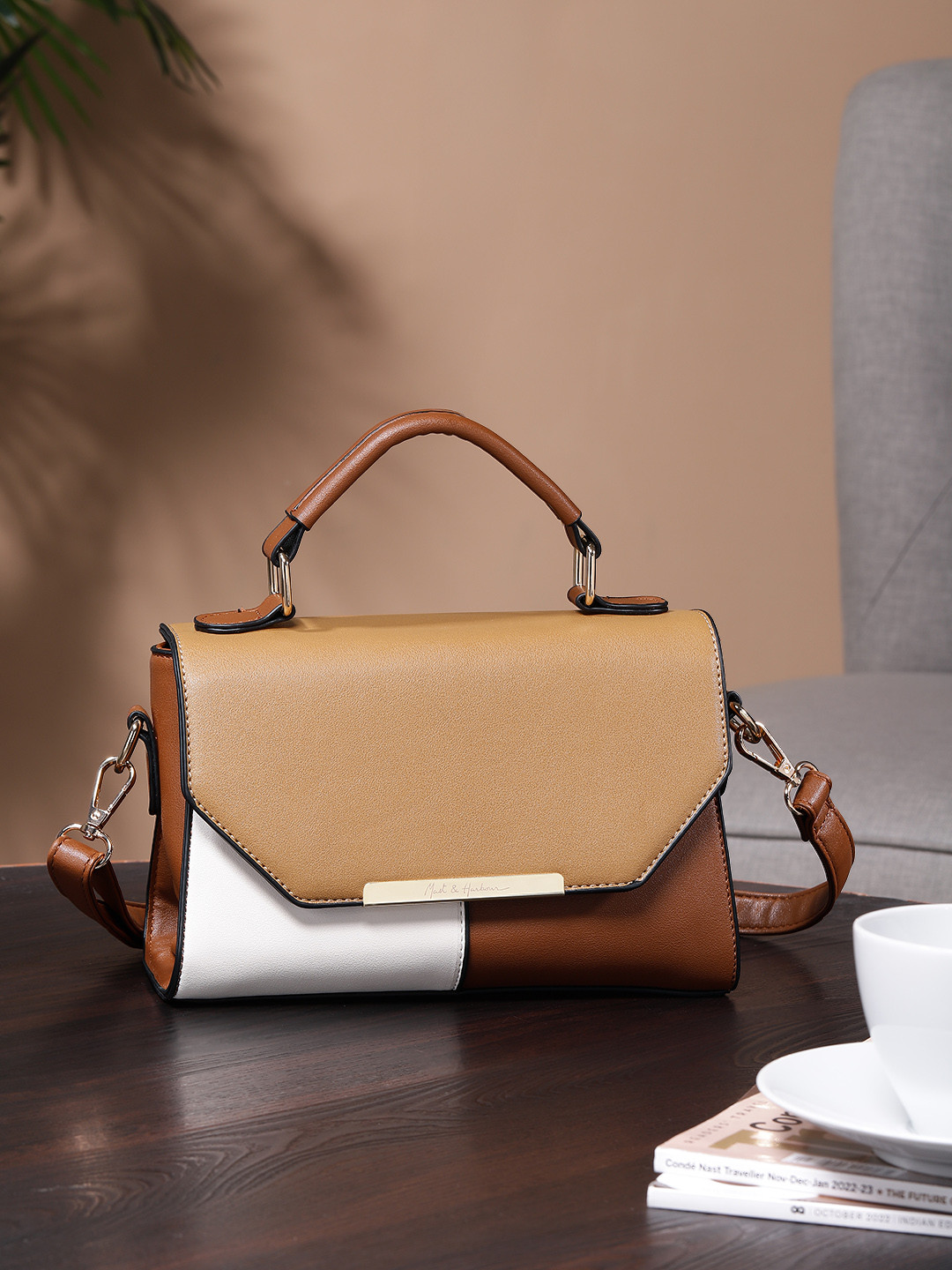 Buy Mast & Harbour Brown & White Colourblocked Satchel - Handbags for ...