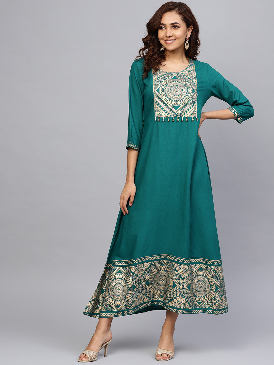 Buy Shree Women Teal Green Printed Detail Maxi Dress - Dresses for ...