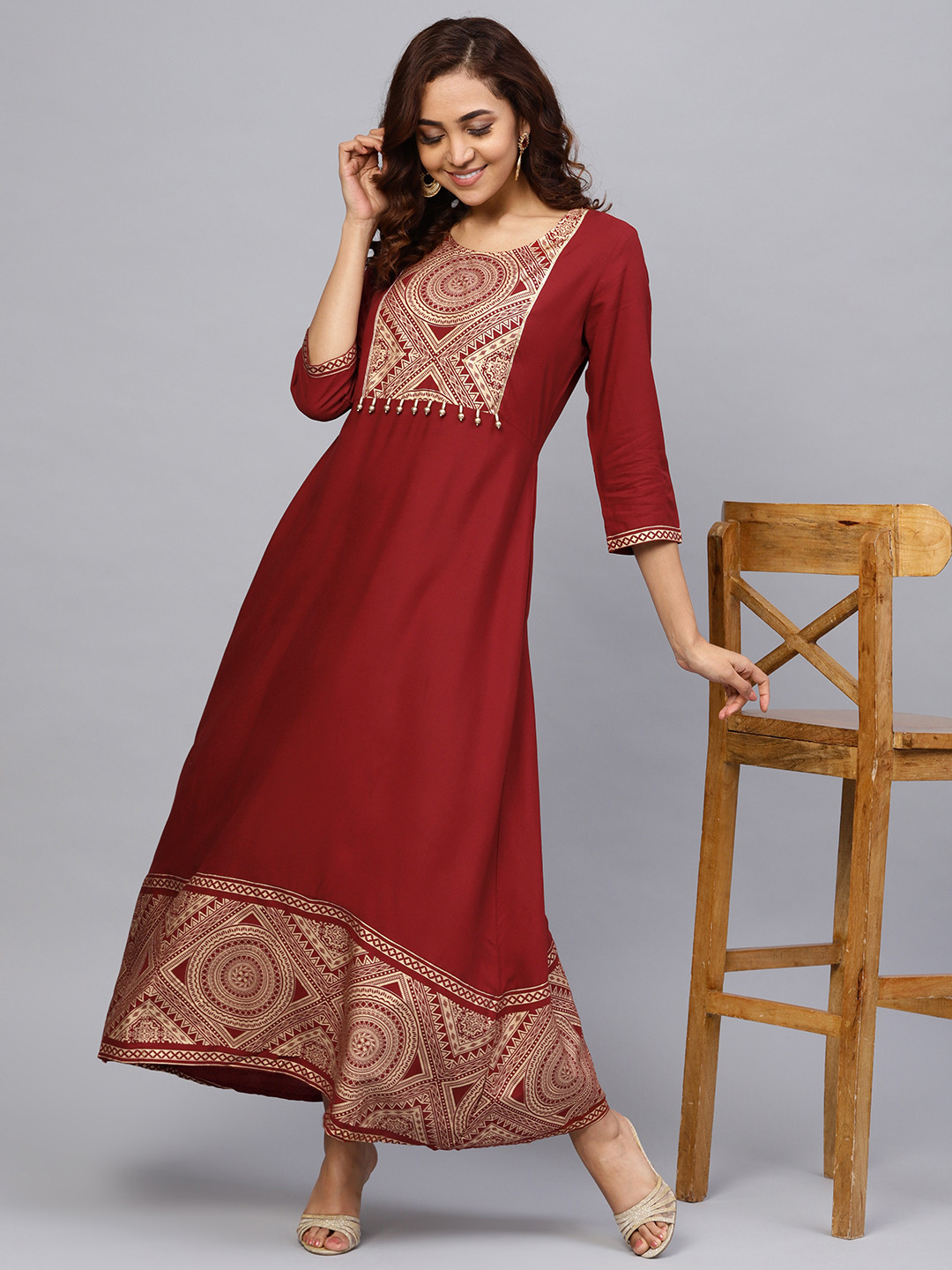 Buy Shree Women Maroon Printed Detail Maxi Dress - Dresses for Women ...