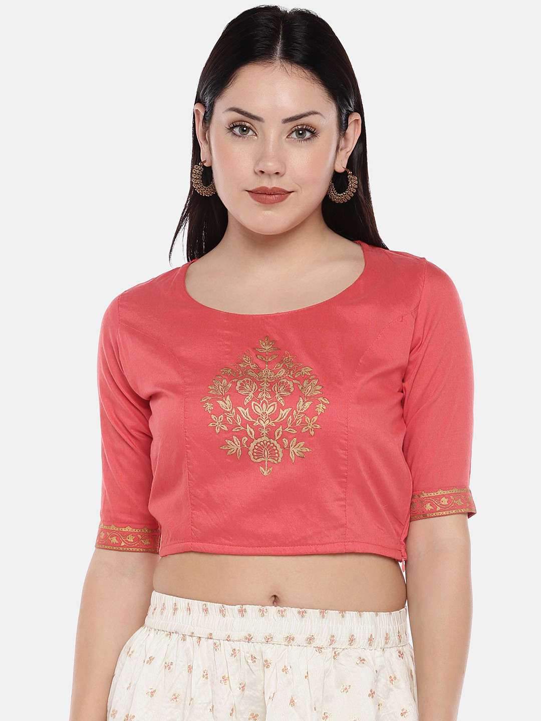Buy Divina Women Coral Pink & Gold Coloured Printed Crop Pure Cotton ...