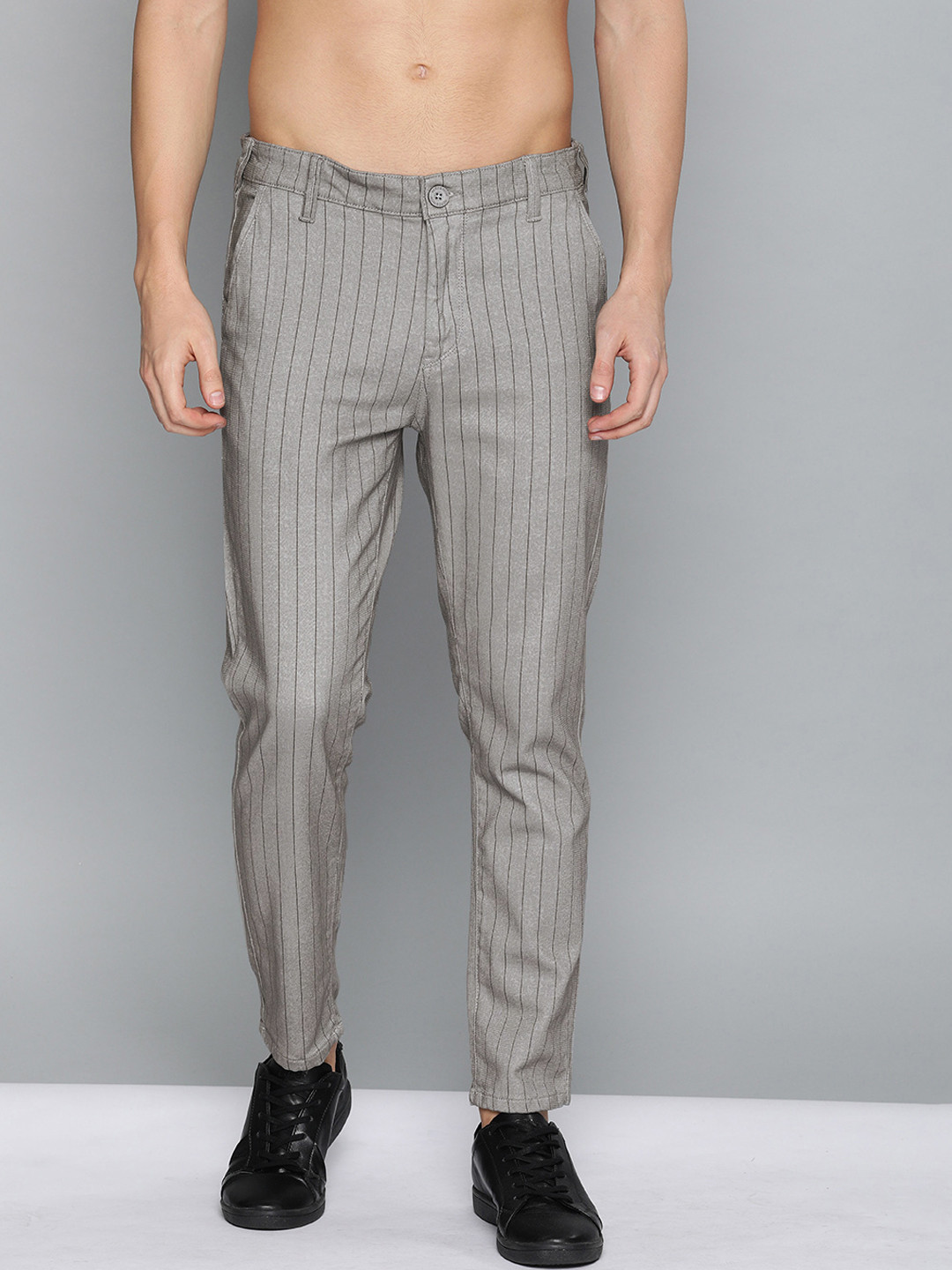 Buy HERE&NOW Men Grey & Black Slim Fit Striped Chinos - Trousers for ...
