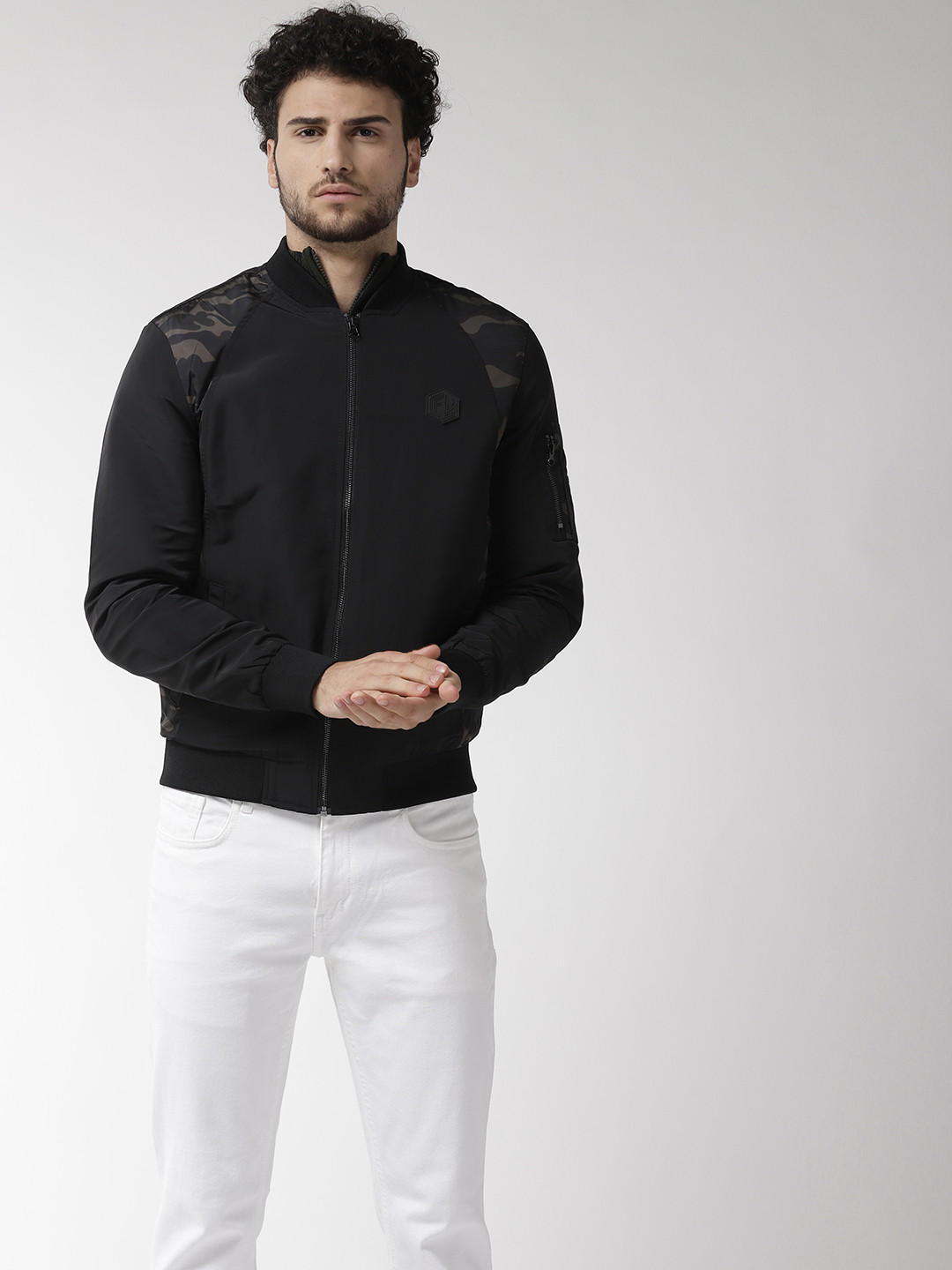 Buy Flying Machine Men Black & Olive Brown Camouflage Printed Bomber ...