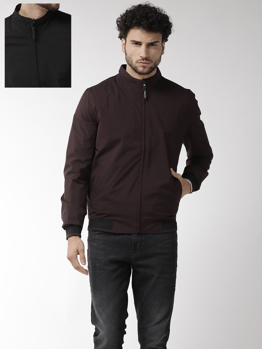 Buy Flying Machine Men Aubergine & Black Solid Reversible Bomber Jacket ...