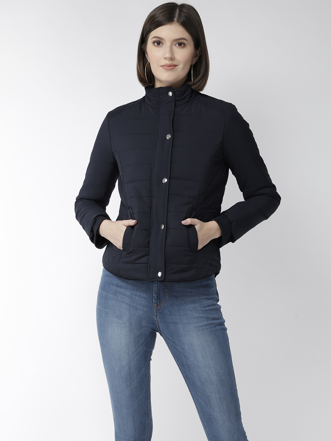 Buy Flying Machine Women Navy Blue Solid Padded Jacket - Jackets for ...