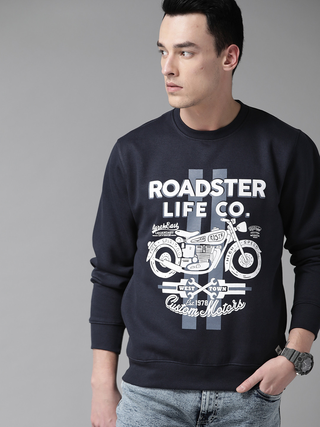 Buy The Roadster Lifestyle Co Men Navy Blue & White Biker Graphic Printed Sweatshirt ...