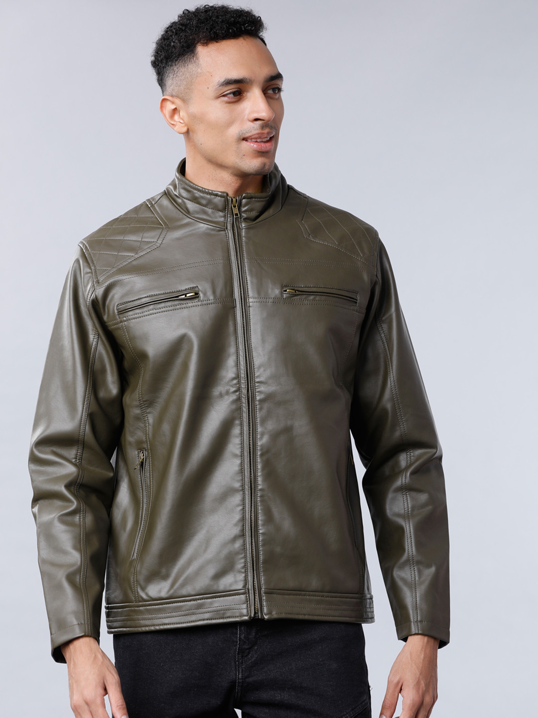 Buy HIGHLANDER Men Olive Green Solid Biker Jacket - Jackets for Men ...