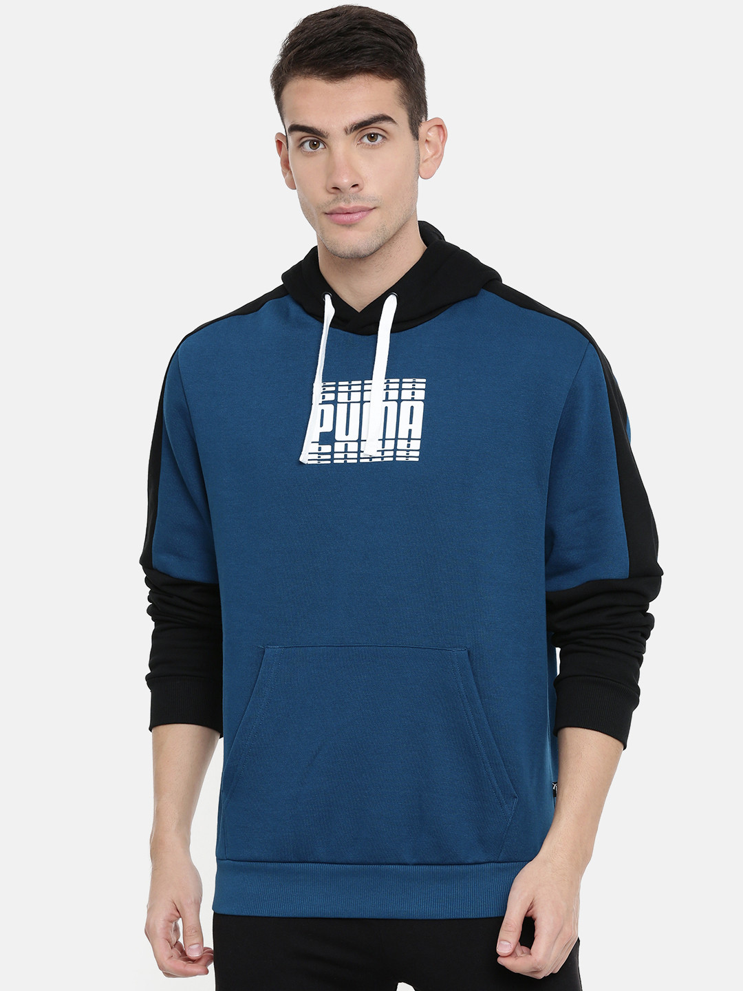 Buy Puma Men Teal Blue & Black Printed Rebel Block Hooded Sweatshirt ...