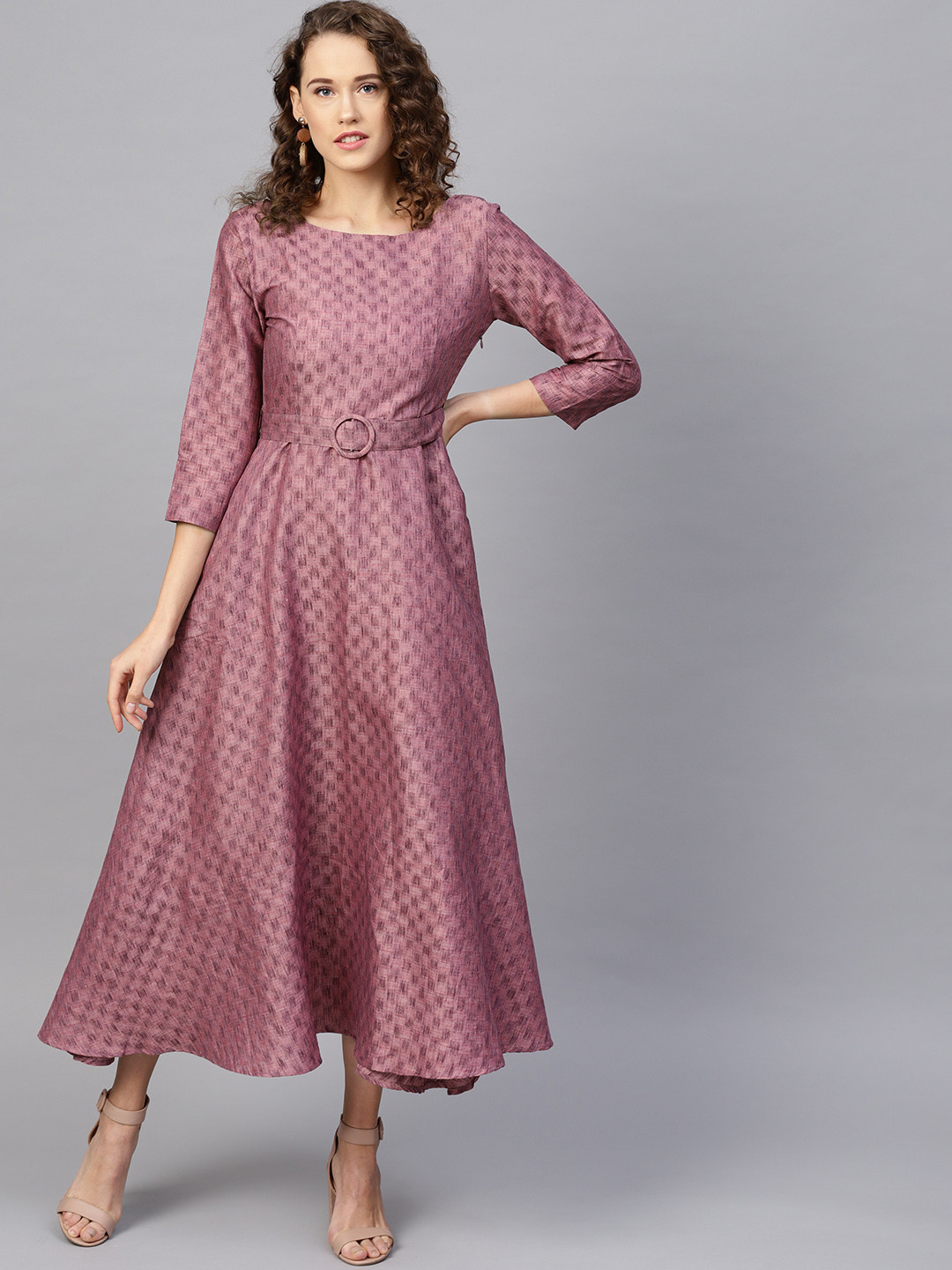 Buy RARE ROOTS Women Mauve Self Checked Maxi Dress - Dresses for Women ...