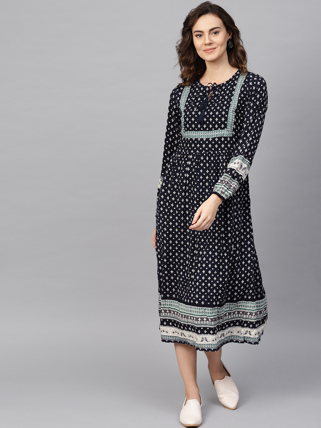 Buy RARE ROOTS Women Navy Blue & Off White Printed A Line Dress ...