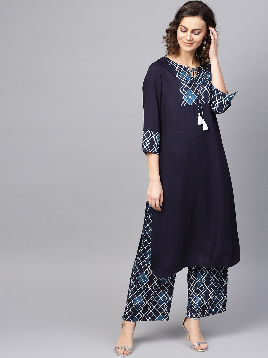 Buy RARE ROOTS Women Navy Blue Solid Kurta With Palazzos - Kurta Sets ...