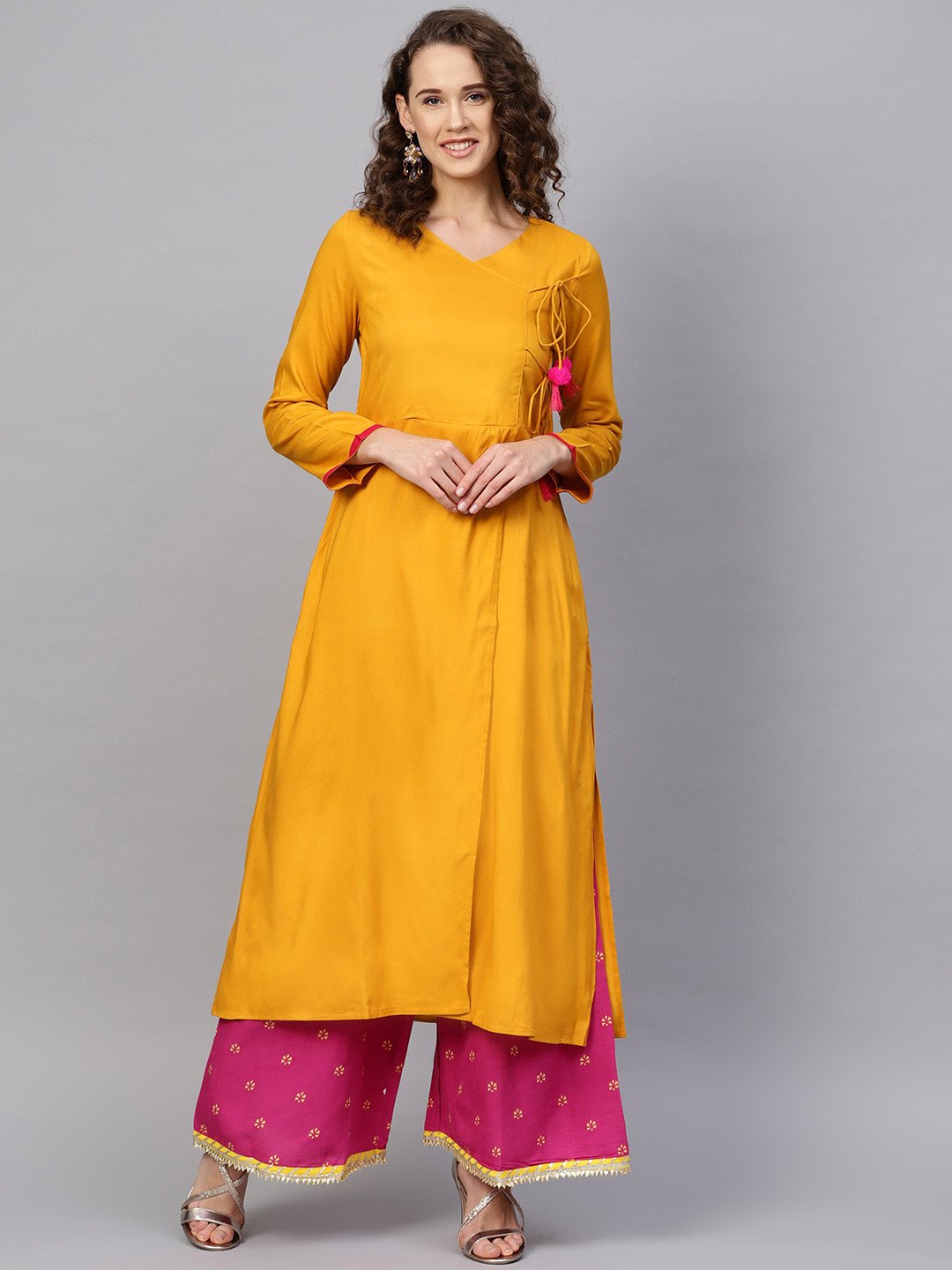 Buy RARE ROOTS Women Mustard Yellow Solid Angarakha A Line Kurta ...