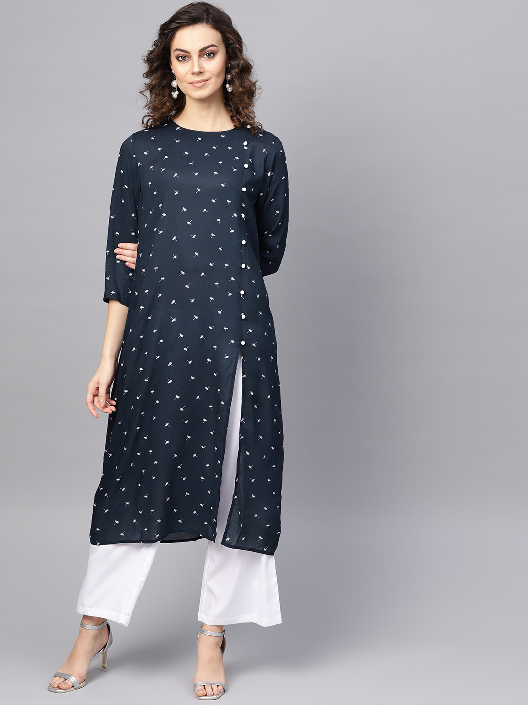 Buy RARE ROOTS Women Navy Blue & Off White Printed Kurta With Palazzos ...