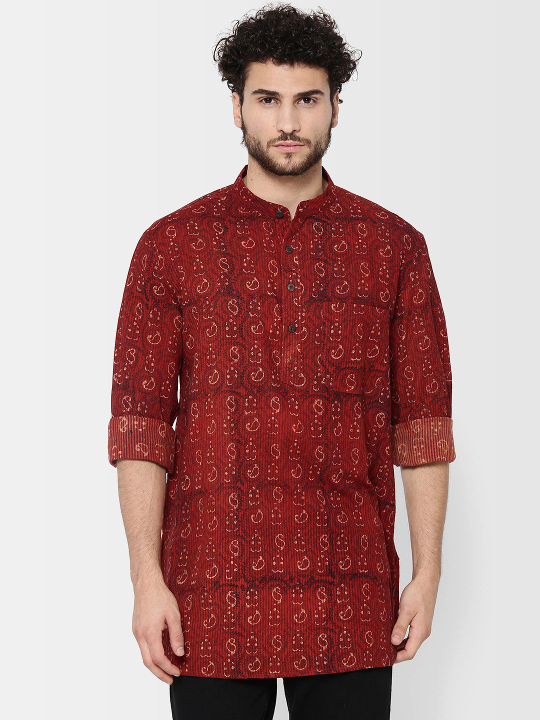 Buy Fabindia Men Maroon & Beige Handblock Print Straight Kurta - Kurtas ...