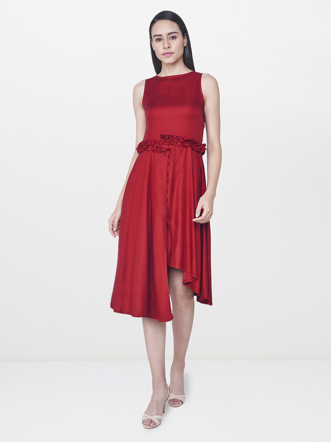 Buy AND Women Maroon Solid Fit And Flare Ruffled Dress - Dresses for ...