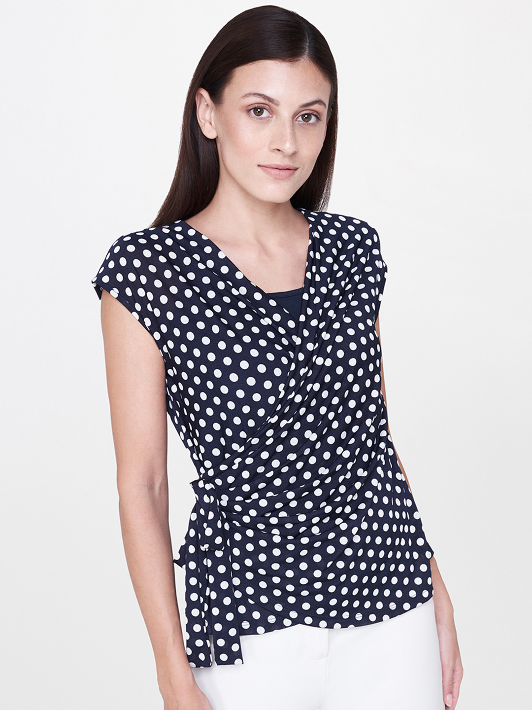 Buy AND Women Navy Blue Polka Dot Printed Wrap Top - Tops for Women ...