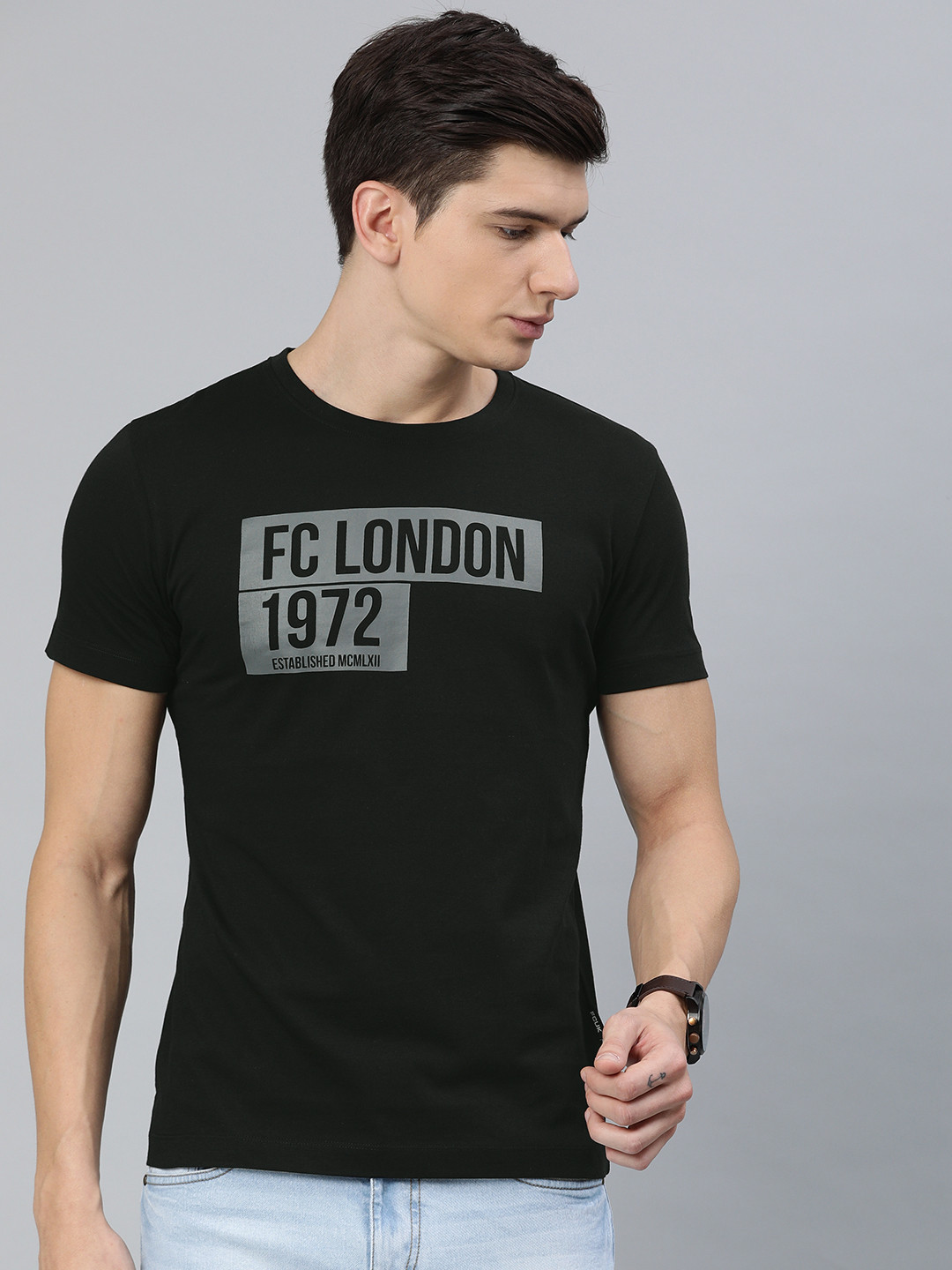 Buy French Connection Men Black Printed Slim Fit Round Neck Pure Cotton ...