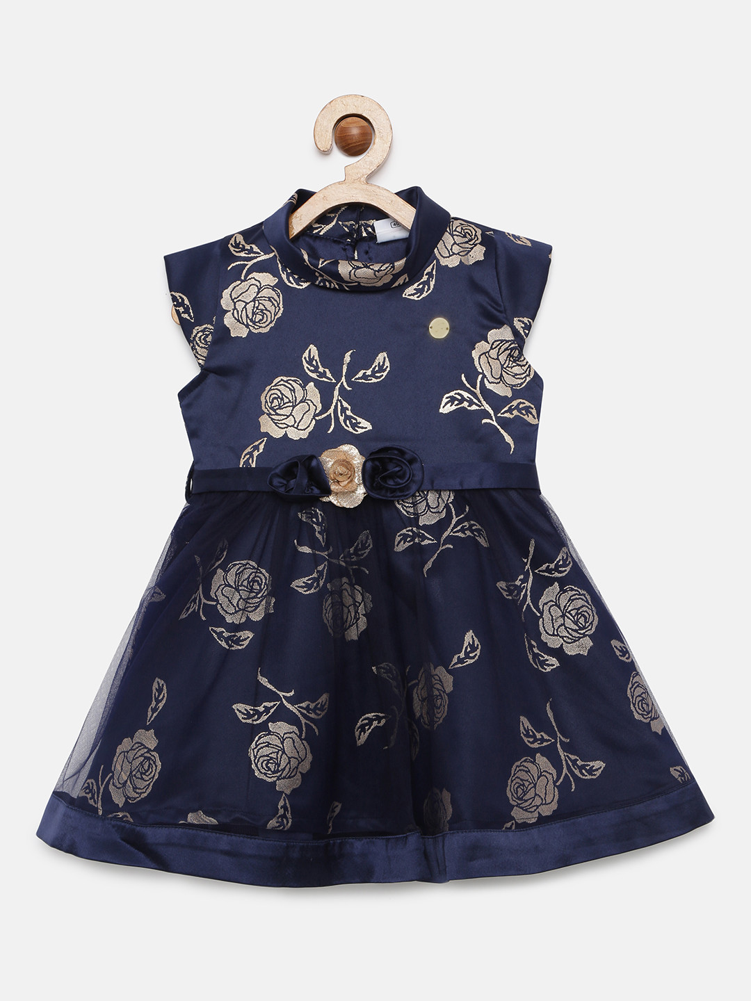 Buy Peppermint Girls Navy Blue & Gold Toned Printed Fit And Flare Dress ...
