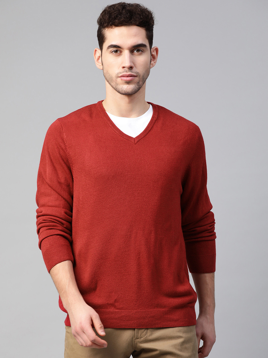 Buy Marks & Spencer Men Rust Red Solid Pullover Sweater - Sweaters for ...