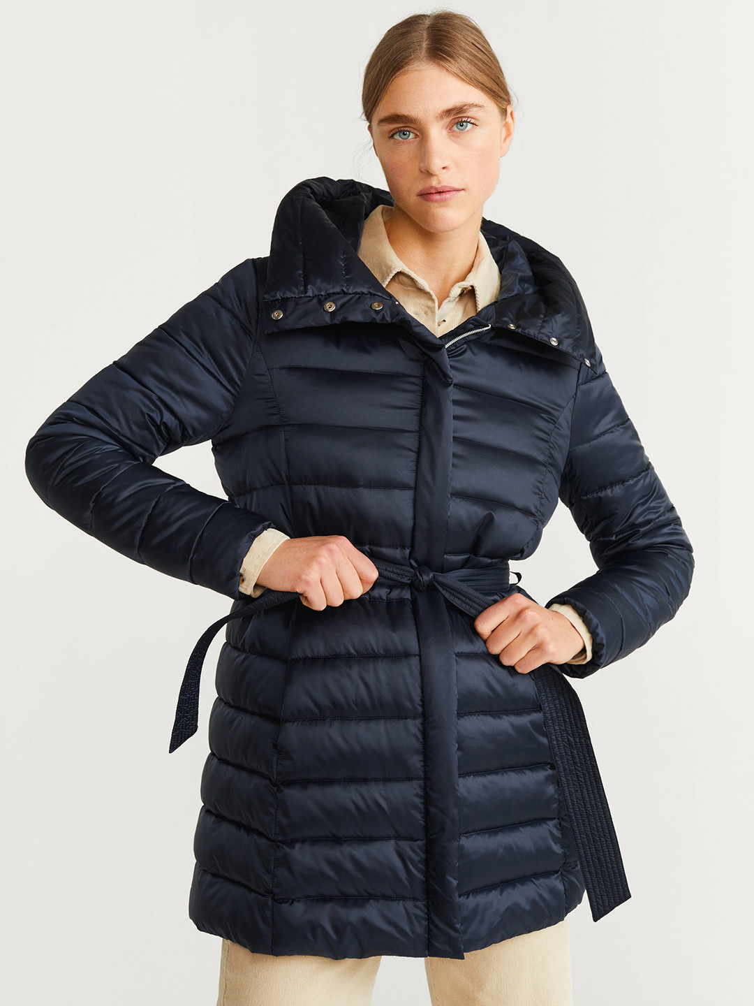 Buy MANGO Women Navy Blue Solid Longline Hooded Puffer Jacket - Jackets ...