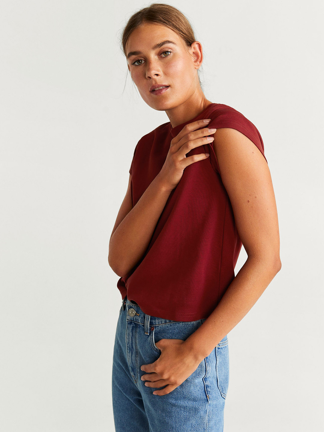 Buy MANGO Women Rust Red Solid Round Neck T Shirt - Tshirts for Women ...