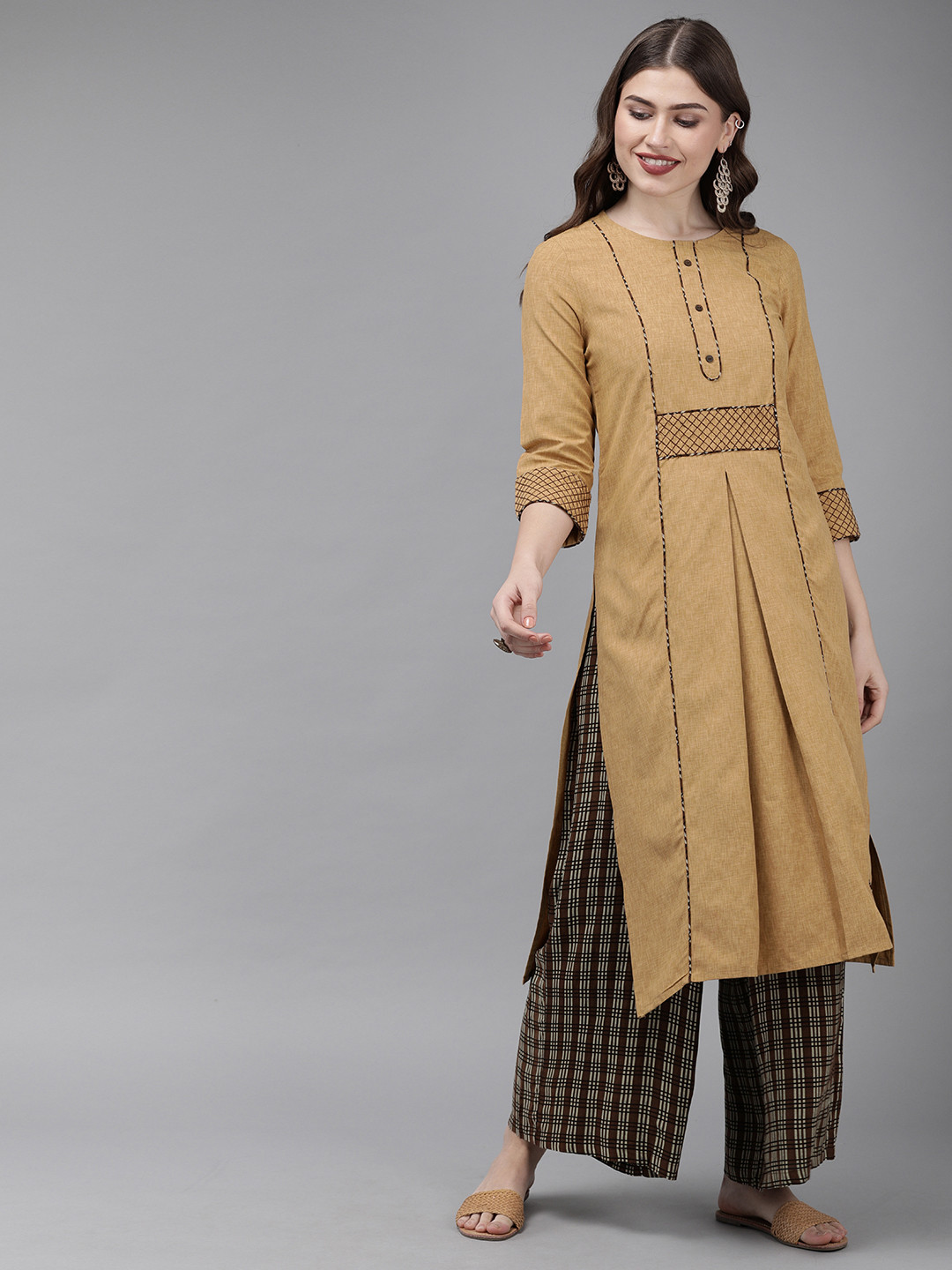 Buy Anouk Women Beige & Brown Embroidered Panelled Kurta With Palazzos ...
