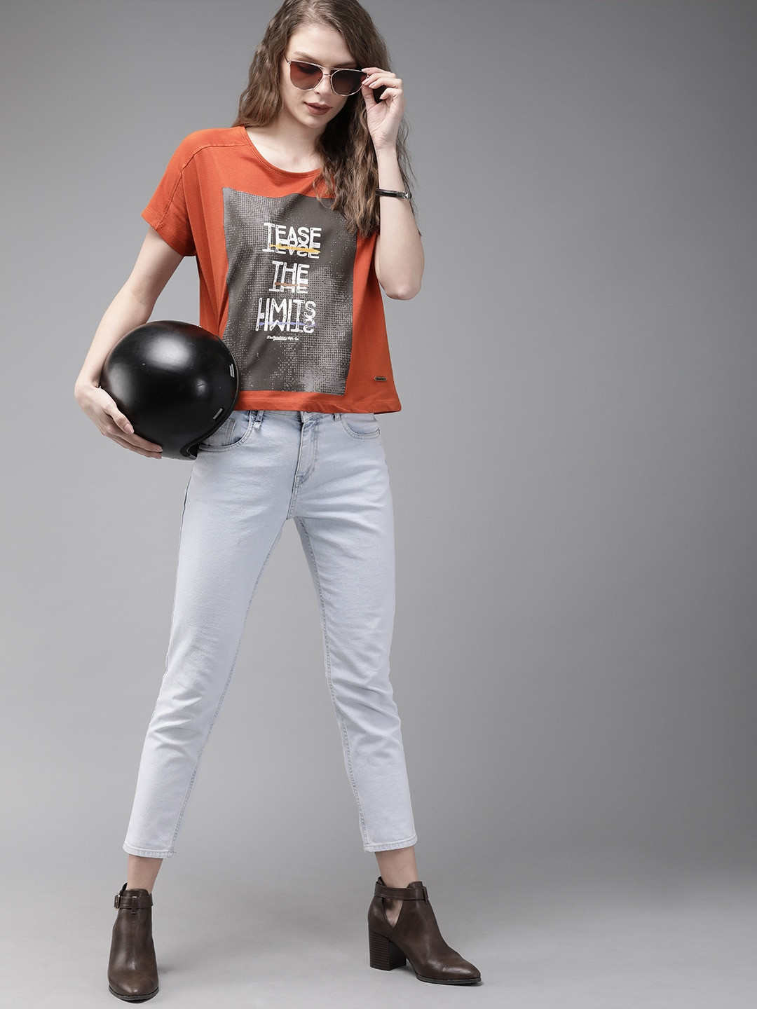 Buy The Roadster Lifestyle Co Women Rust Brown Printed Round Neck Pure ...