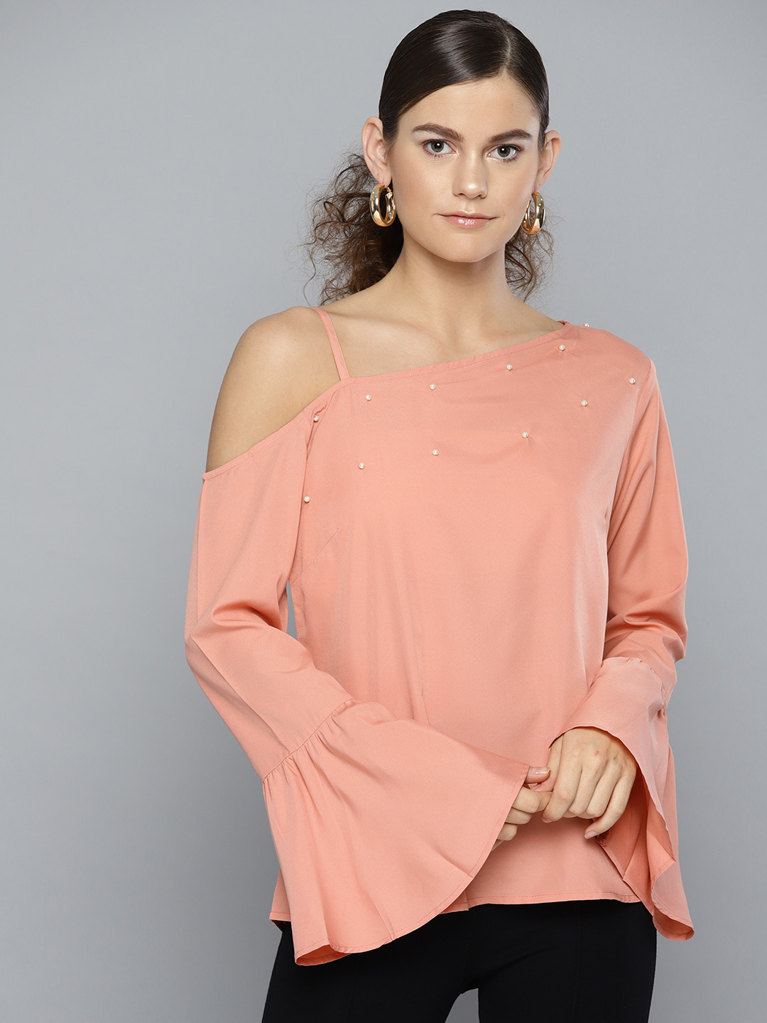 Buy RARE Women Peach Coloured Cold Shoulder Embellished Detail Top ...