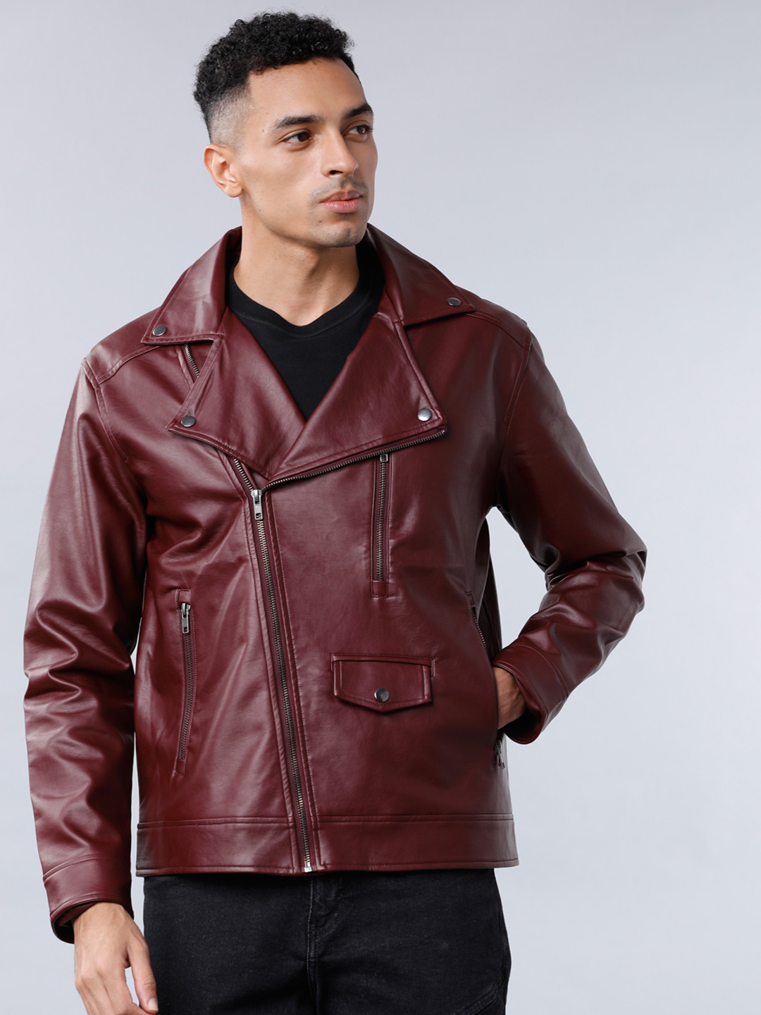 Buy HIGHLANDER Men Burgundy Solid Biker Jacket - Jackets for Men ...