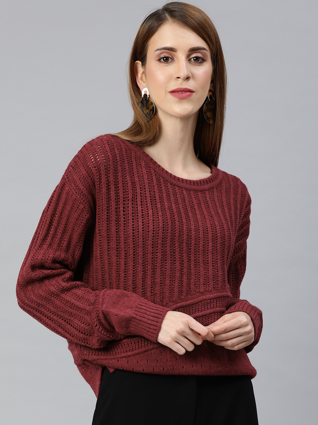 Buy French Connection Women Maroon Self Design Pullover Sweater ...
