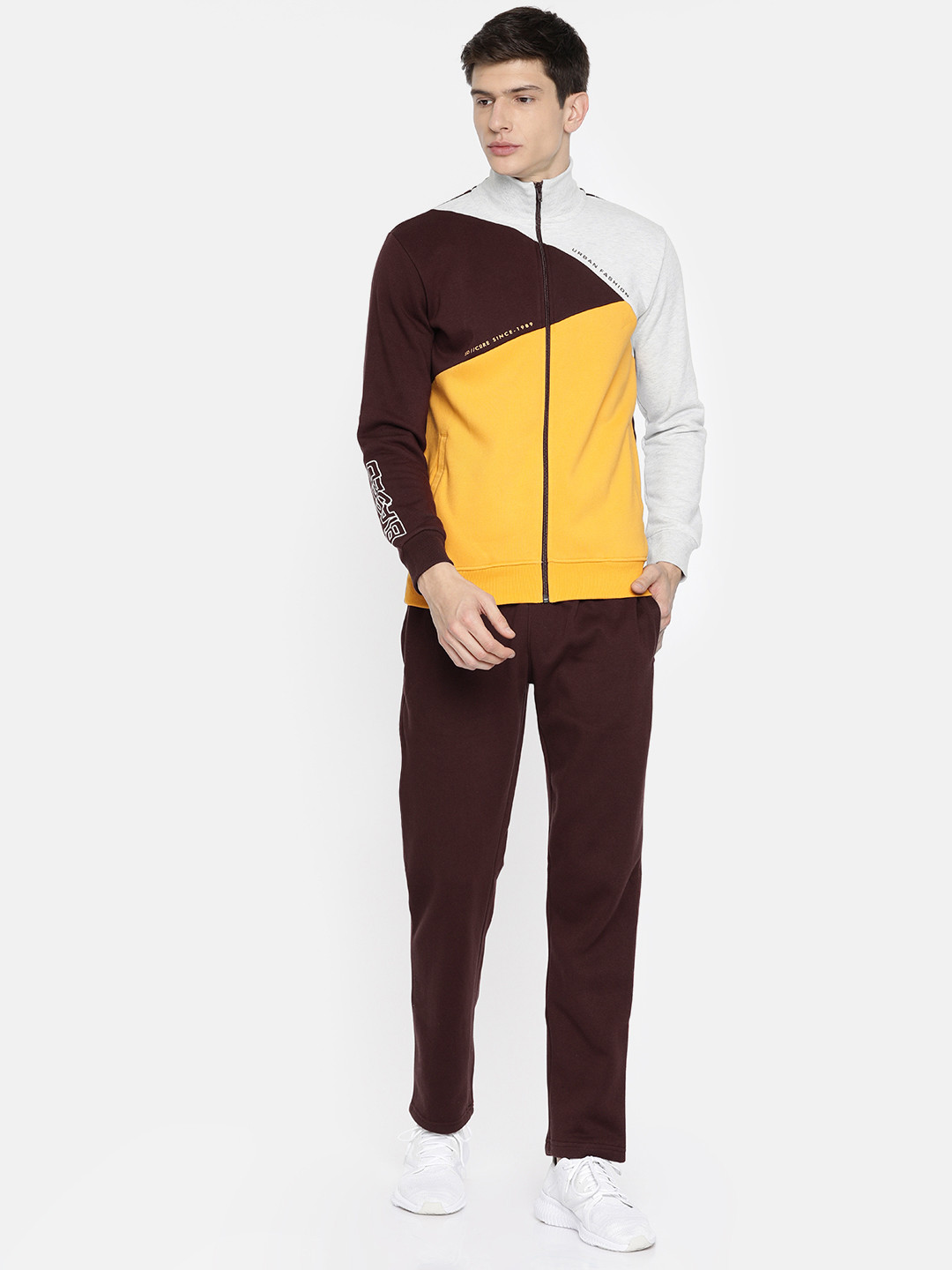 Buy Sweet Dreams Men Burgundy & Mustard Yellow Colourblocked Tracksuits ...