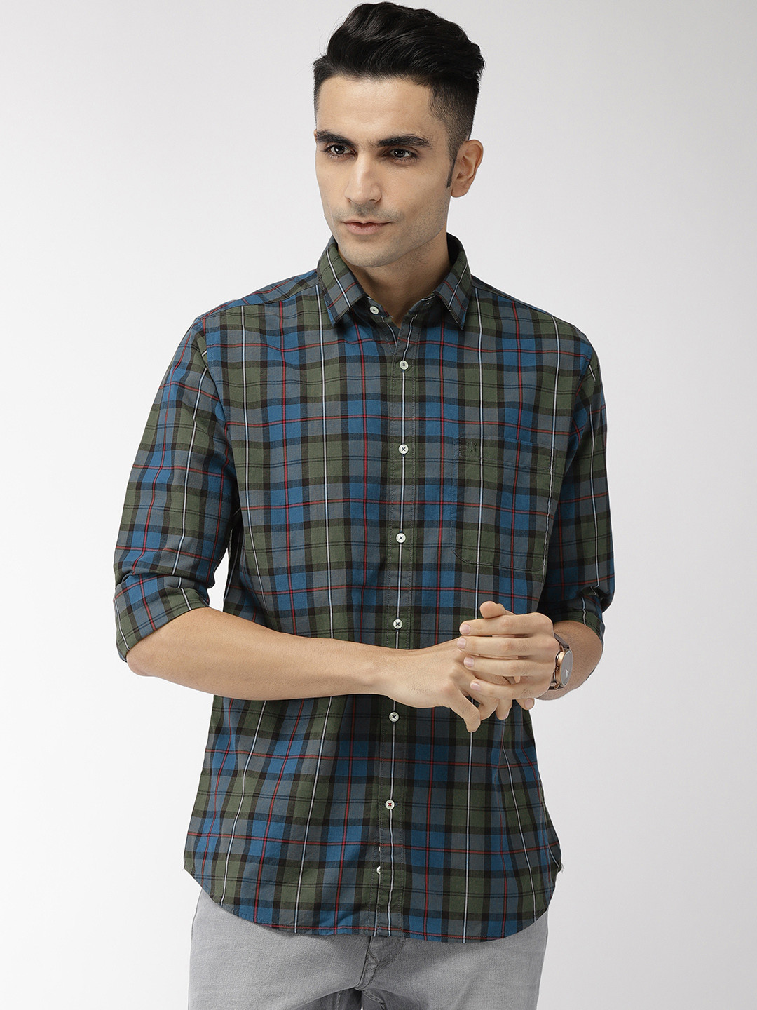 Buy Raymond Men Blue & Olive Green Slim Fit Checked Casual Shirt ...