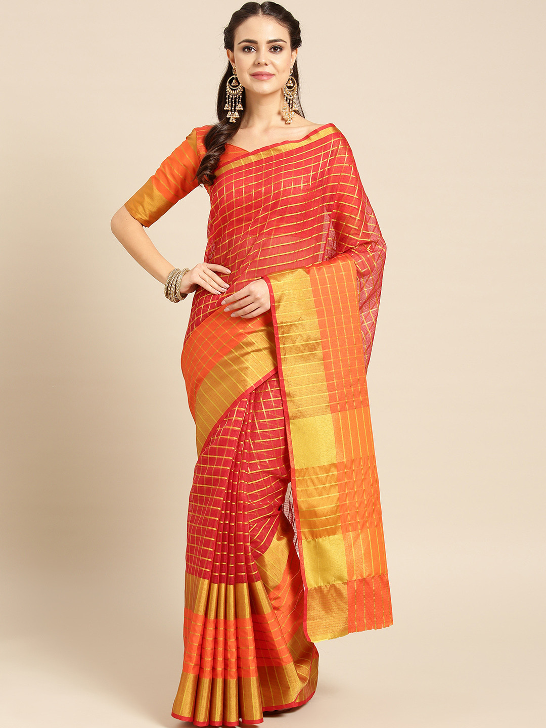 Buy Saree Mall Women Red & Golden Checked Saree - Sarees for Women ...