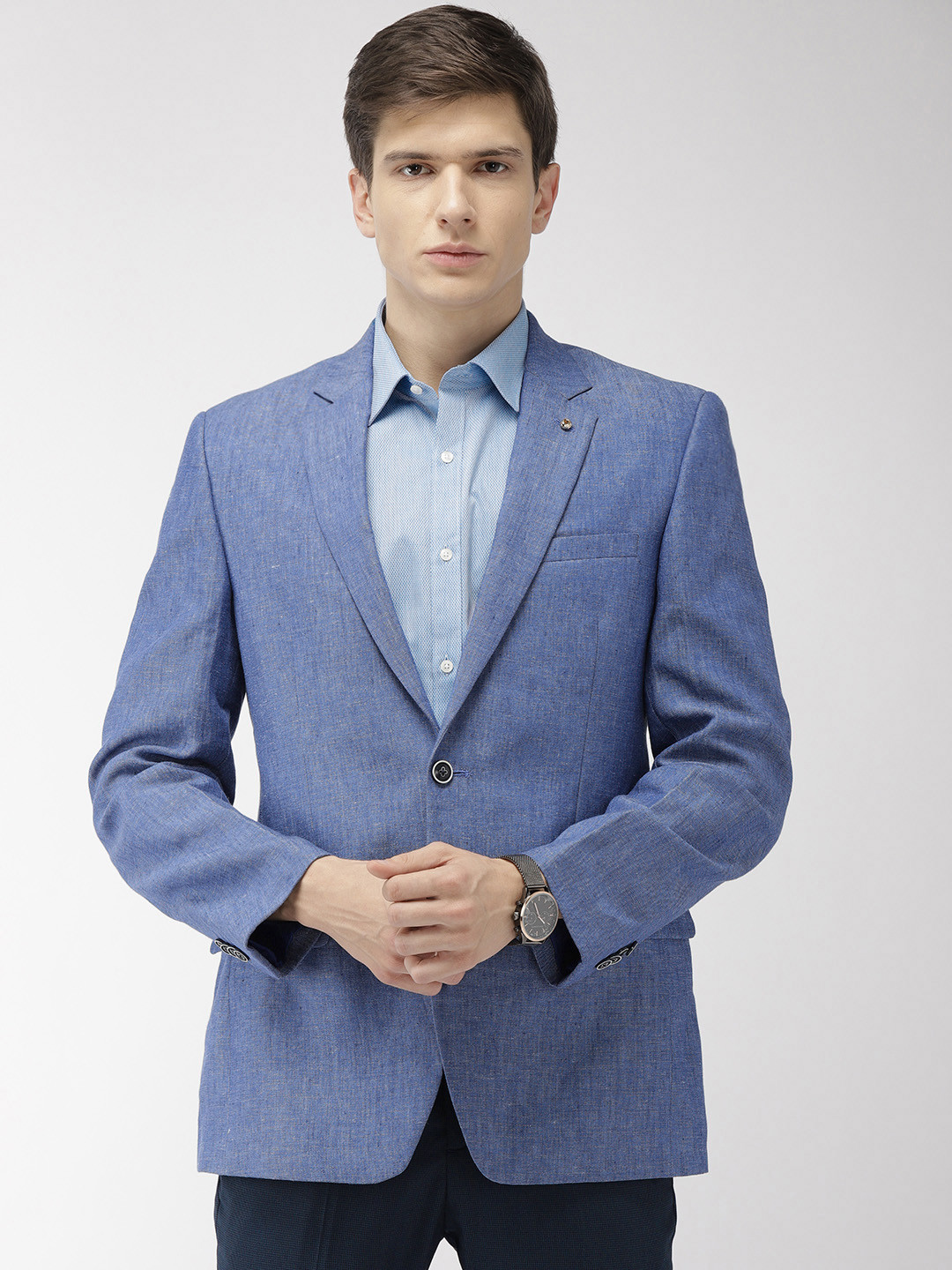 Buy Raymond Men Blue Solid Contemporary Regular Fit Single Breasted ...