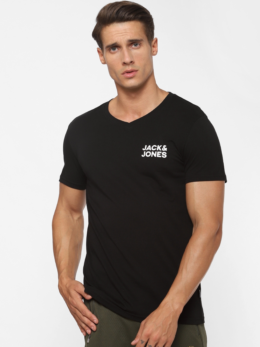 Buy Jack & Jones Men Black Solid V Neck T Shirt - Tshirts for Men ...