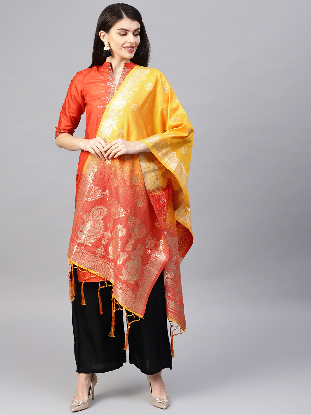Buy SUTRAM Mustard & Red Woven Design Zari Banarasi Dupatta - Dupatta ...