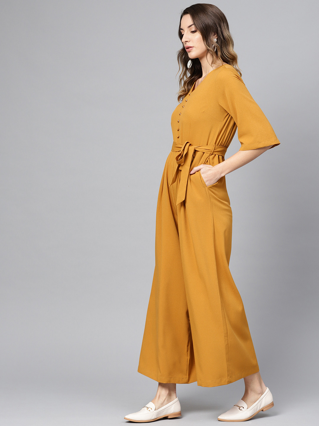Buy FEMMELLA Women Mustard Yellow Solid Basic Jumpsuit - Jumpsuit for ...