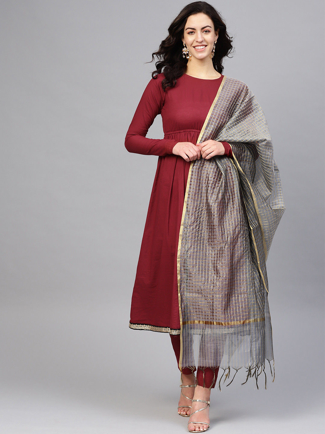Buy SIAH Women Maroon & Grey Solid Kurta With Trousers & Dupatta ...