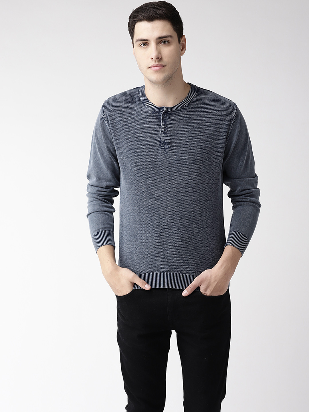 Buy Flying Machine Men Blue Self Design Sweater - Sweaters for Men ...