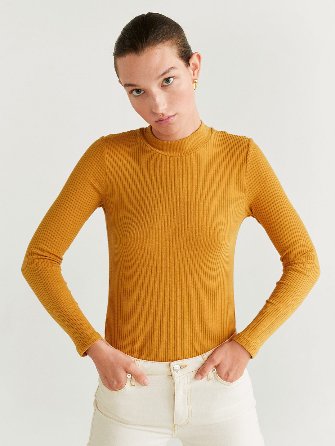 Buy MANGO Women Mustard Yellow Ribbed Top - Tops for Women 10831274 ...