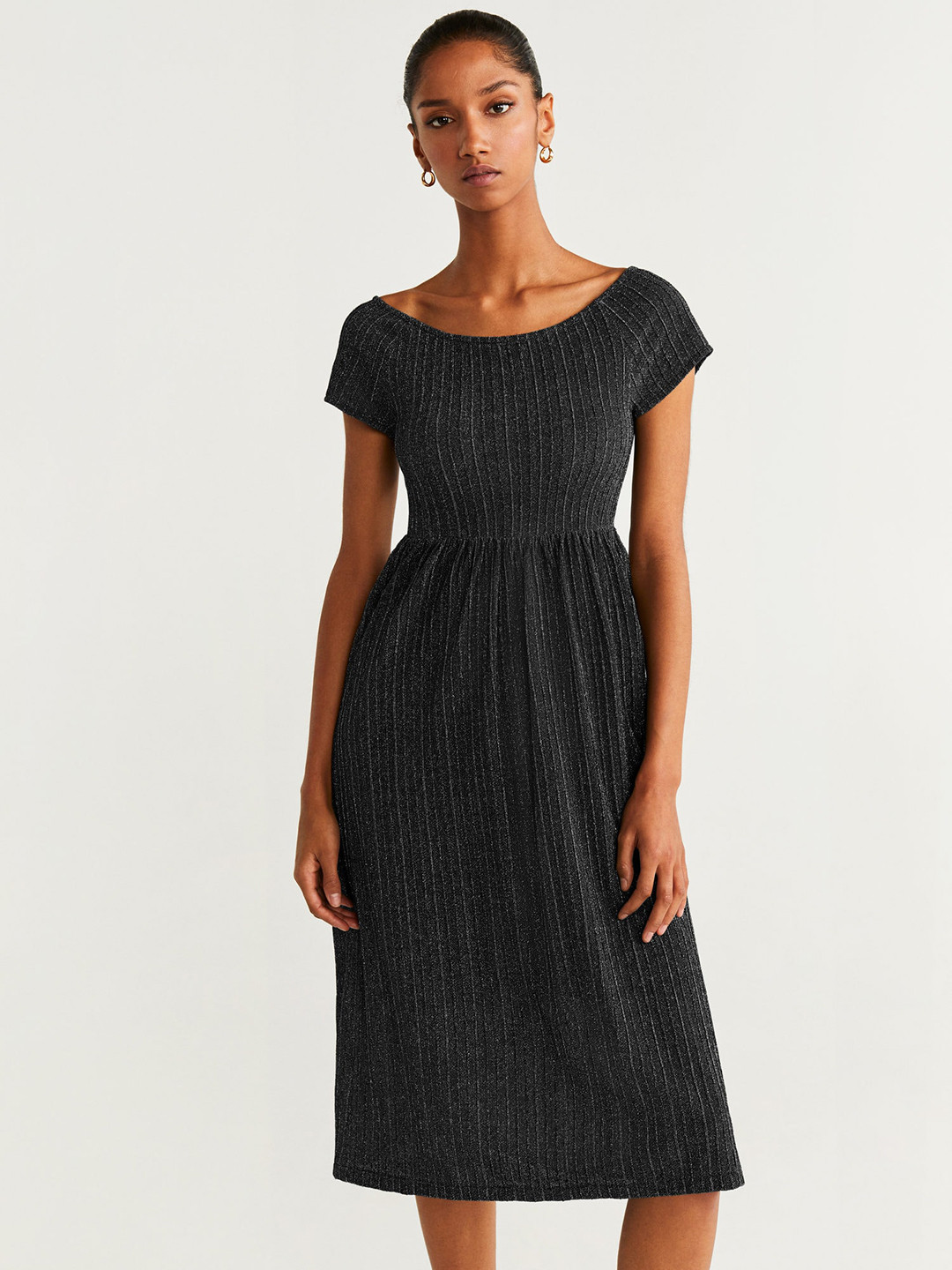 Buy MANGO Women Charcoal Grey & Silver Striped A Line Dress - Dresses ...