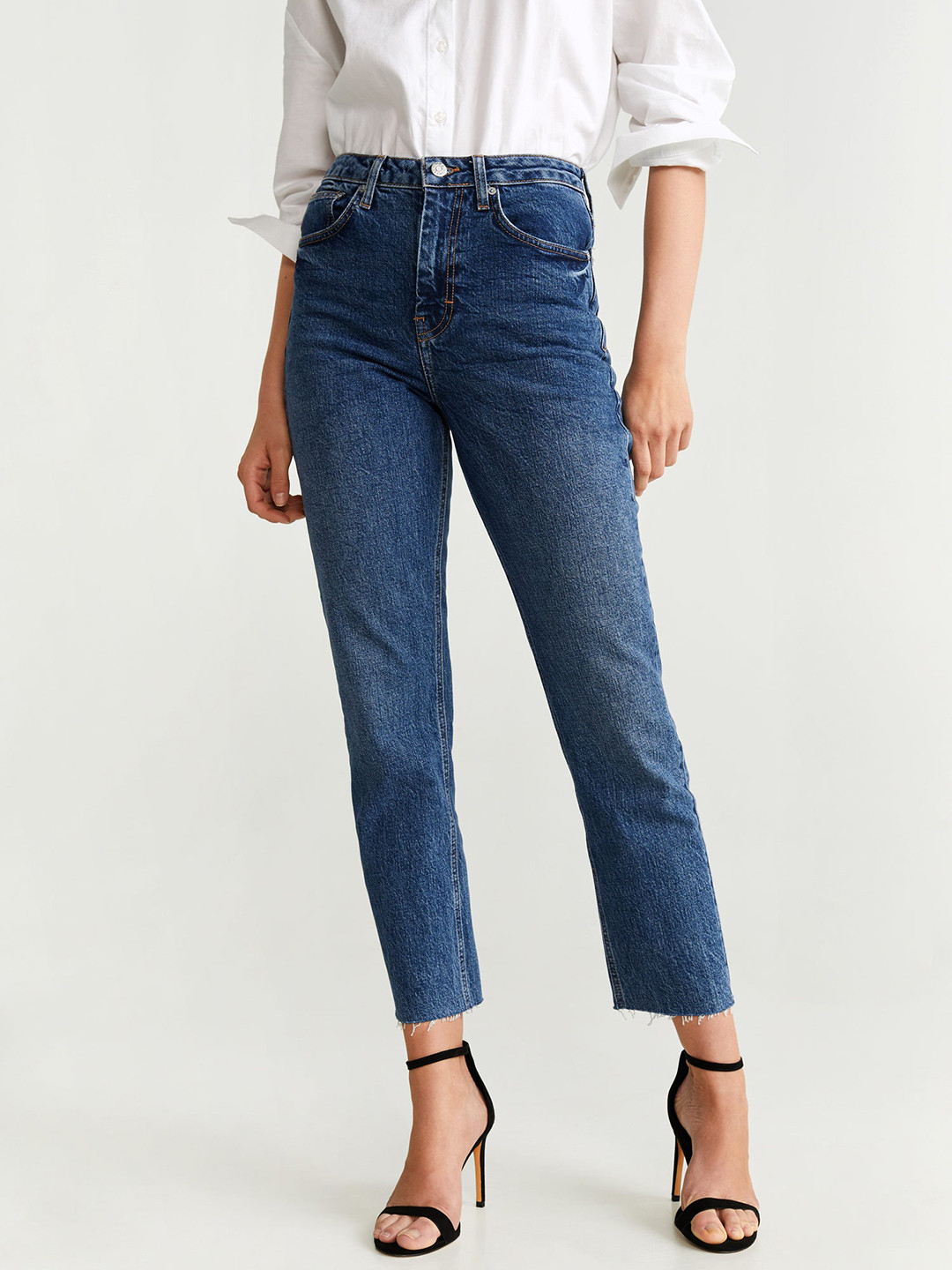 Buy MANGO Women Blue Straight Fit High Rise Clean Look Cropped ...